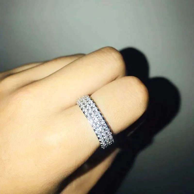 Изысканный трехслойный полный круг S925 Серебряное кольцо блестящая Принцесса Свадебное ...