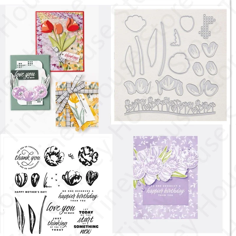 FLOWERING TULIPS Pattern Metal Cutting Dies and Clear Stamps For Diary ...