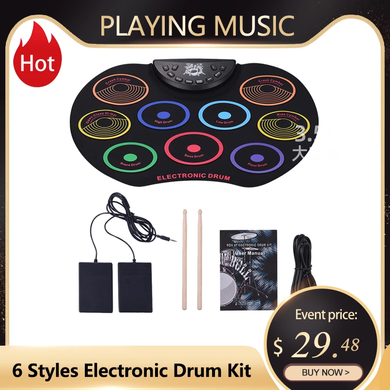 Portable Size Electronic Drum Kit 9 Silicon Drum Pads Folding Drum Set ...