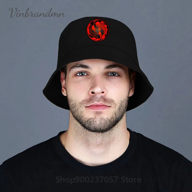 참신 디자인 음양 잉어 플라이피시 일본 스타일 잉어 물고기 어부 모자 성인용 면 파나마 버킷 모자 저렴한 가격양동이 모자