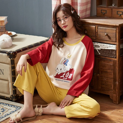 WAVMIT Осенняя новая партия женских хлопковых пижам с длинными рукавами ...