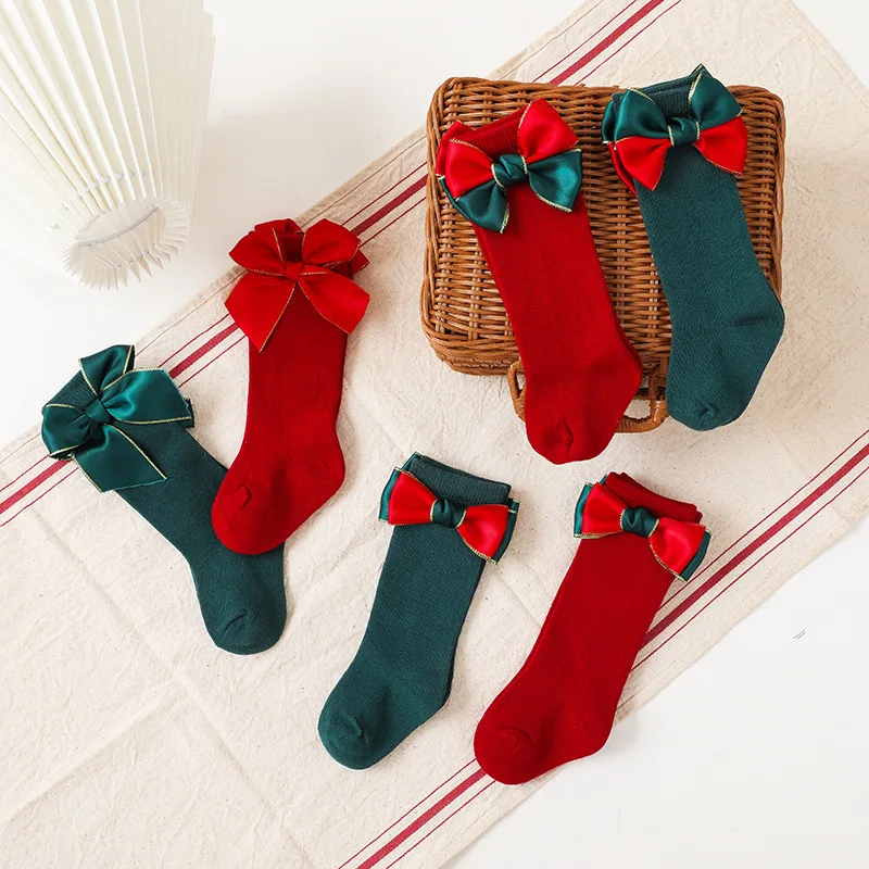 New-Baby-Girls-Christmas-Socks-Toddler-Big-Bow-Red-Knee-High-Long-Socks ...