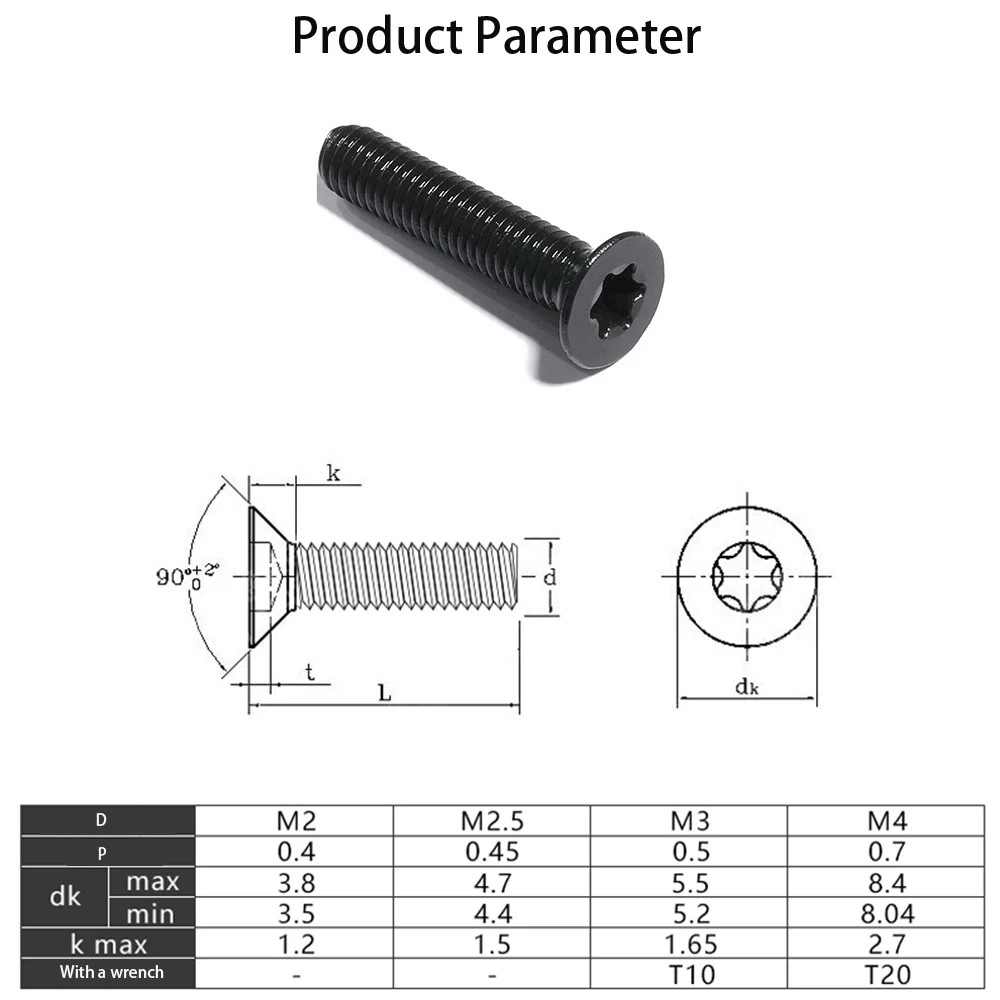 VIS,M2-12mm(20pcs)--Vis Torx à tête plate fraisée à Six lobes, boulon de Machine en acier noir ...