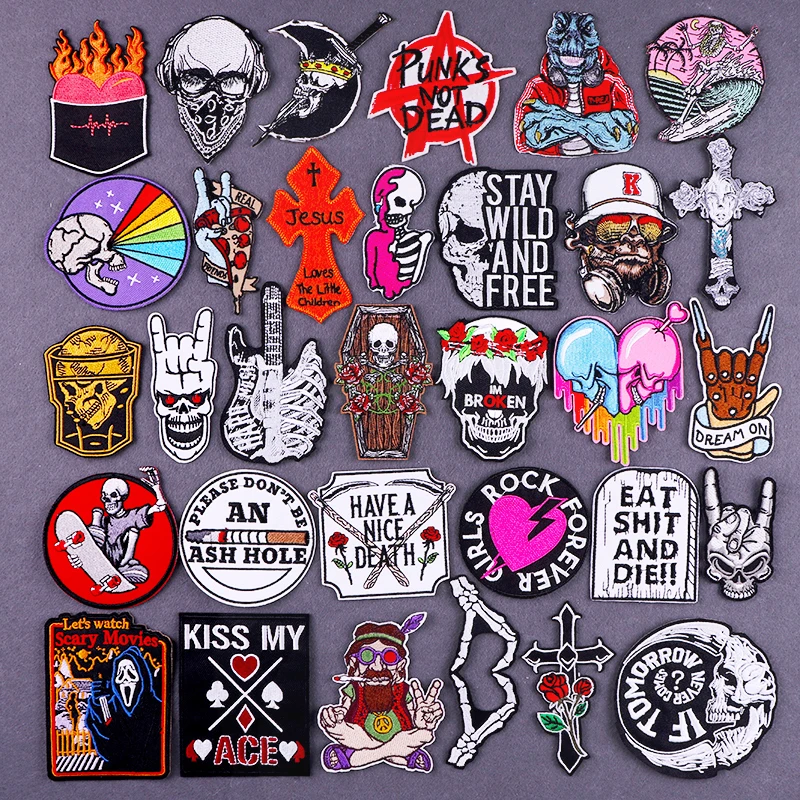 Punk Skull Embroidered Patches For Clothing Thermoadhesive Patches ...
