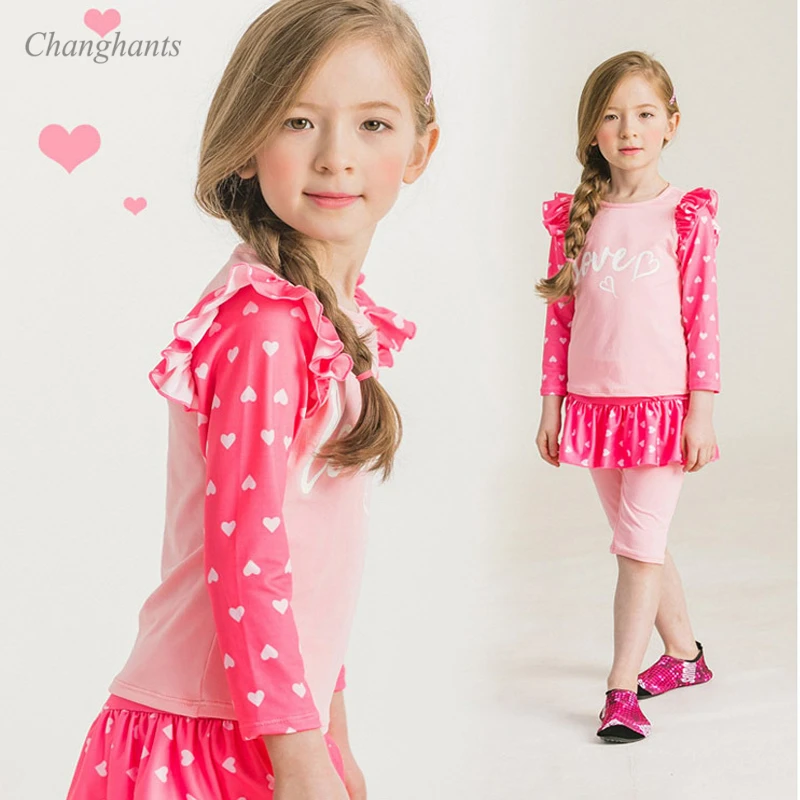 2-12-Y-Girls-Two-Pieces-Swimwear-Pink-Red-Hearts-Print-Schoolgirl-Long ...