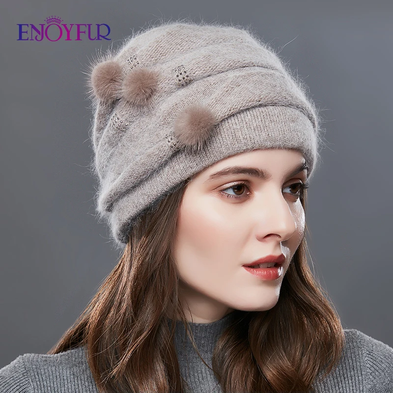ENJOYFUR Women Winter Cashmere Knitted Hats Natural Mink Pompom Stripe ...