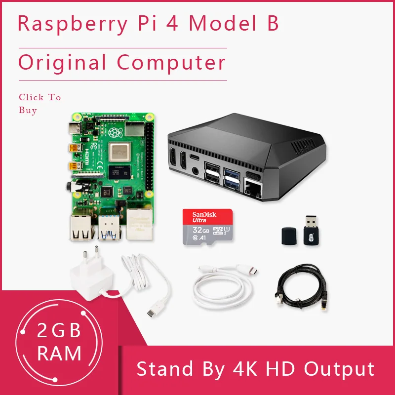Original Raspberry Pi 4 Model B Kit Pi4 2G board Micro HDMI Cable Power ...