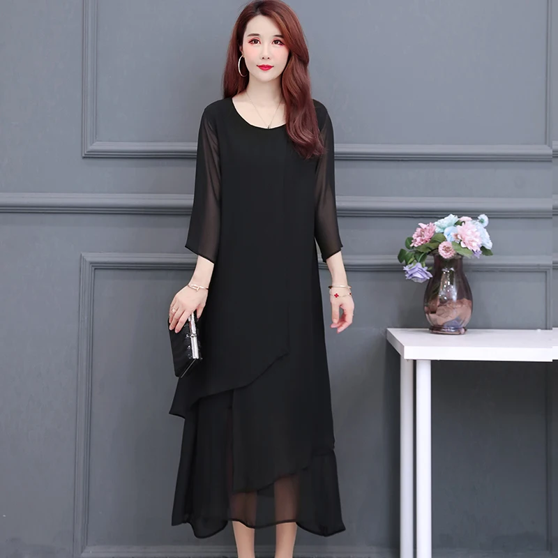 Women Long Chiffon Dress Black | Black Chiffon Dress Female - L-5xl ...