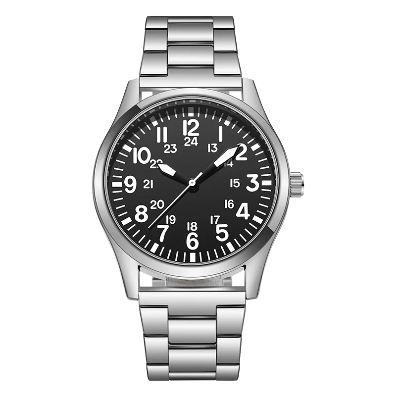 Pilot Style Watch Arabic Numbers Easy Reading Metal Strap Quartz ...