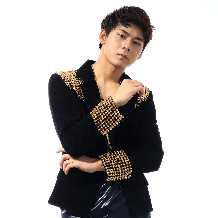 New Fashion Nightclub Singer Costume Men Suit Coat Gold Rivet Singers ...
