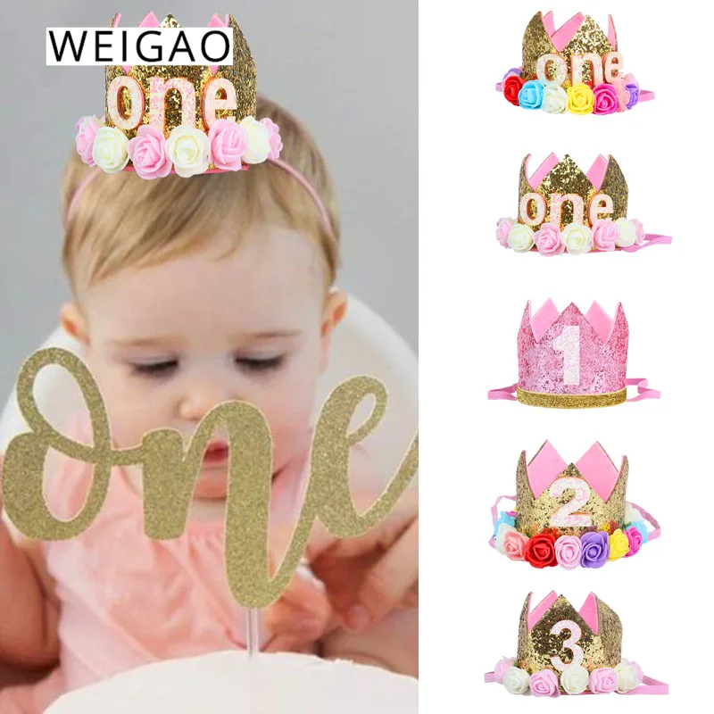 Weigao 생일 파티 모자 장식 생일 모자 공주 왕관 아기 생일 머리띠 1 2 3 세 장식 123파티 모자