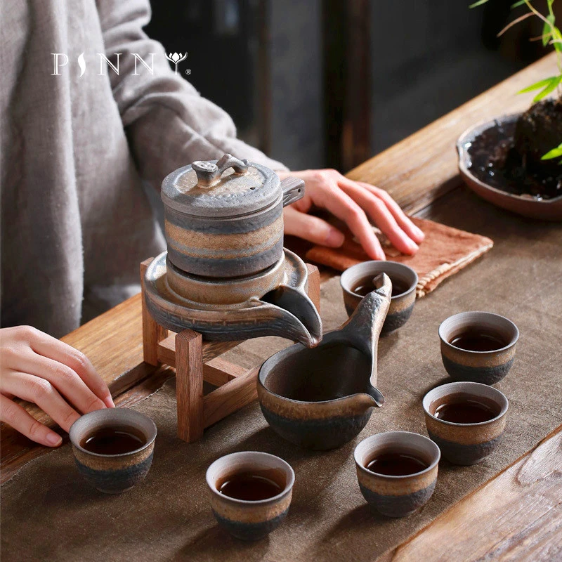 PINNY Gilt Stone Grinding Tea Set Ceramic 8 Piece Set Kung Fu Teaware ...