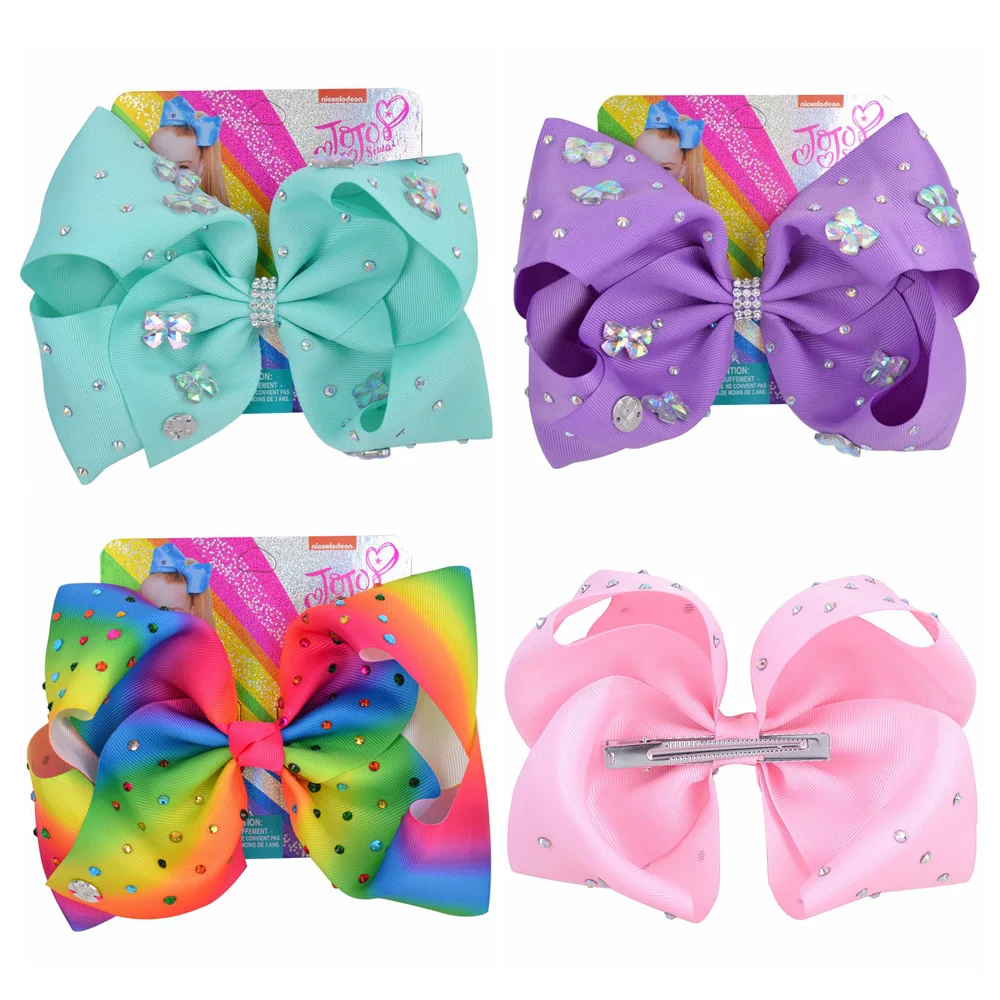 8 Inch JoJo Bows Jojo Siwa Rainbow Hair Bows Rhinestone Solid Ribbon ...