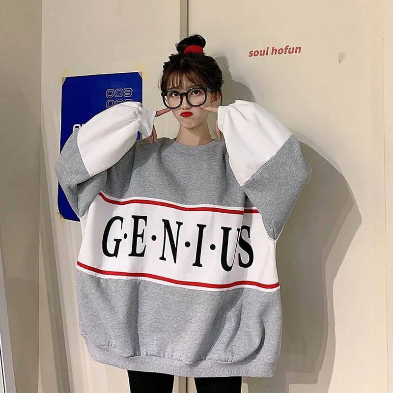 QWEEK 2022 한국어 스타일 대형 Crewneck 스웨터 후드 여성 편지 인쇄 Streetwear 긴 소매 탑스 Kpop ...