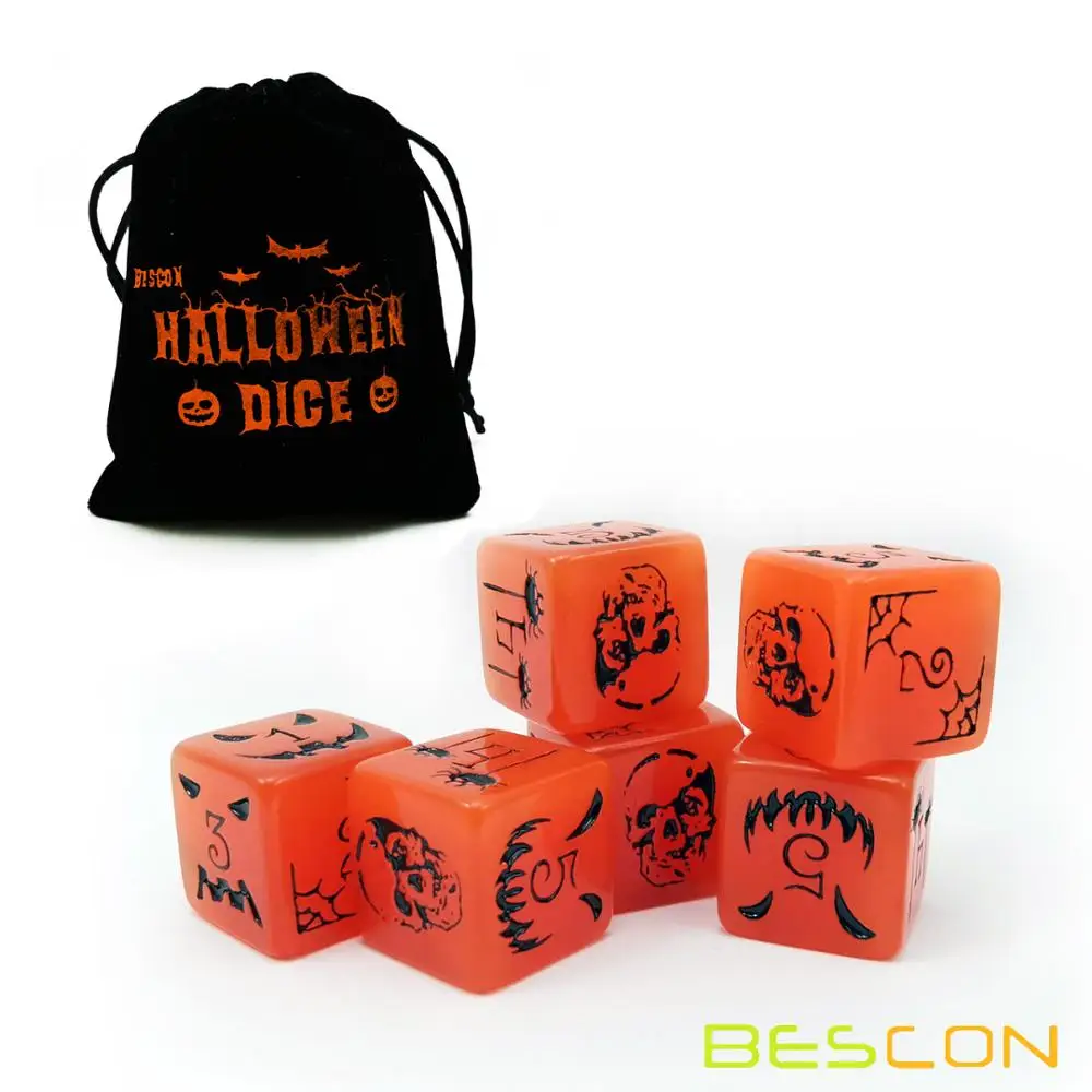 Set of 6 Bescon Luminous Halloween Dice 6 Sides, Glow in Dark 6 Sided ...