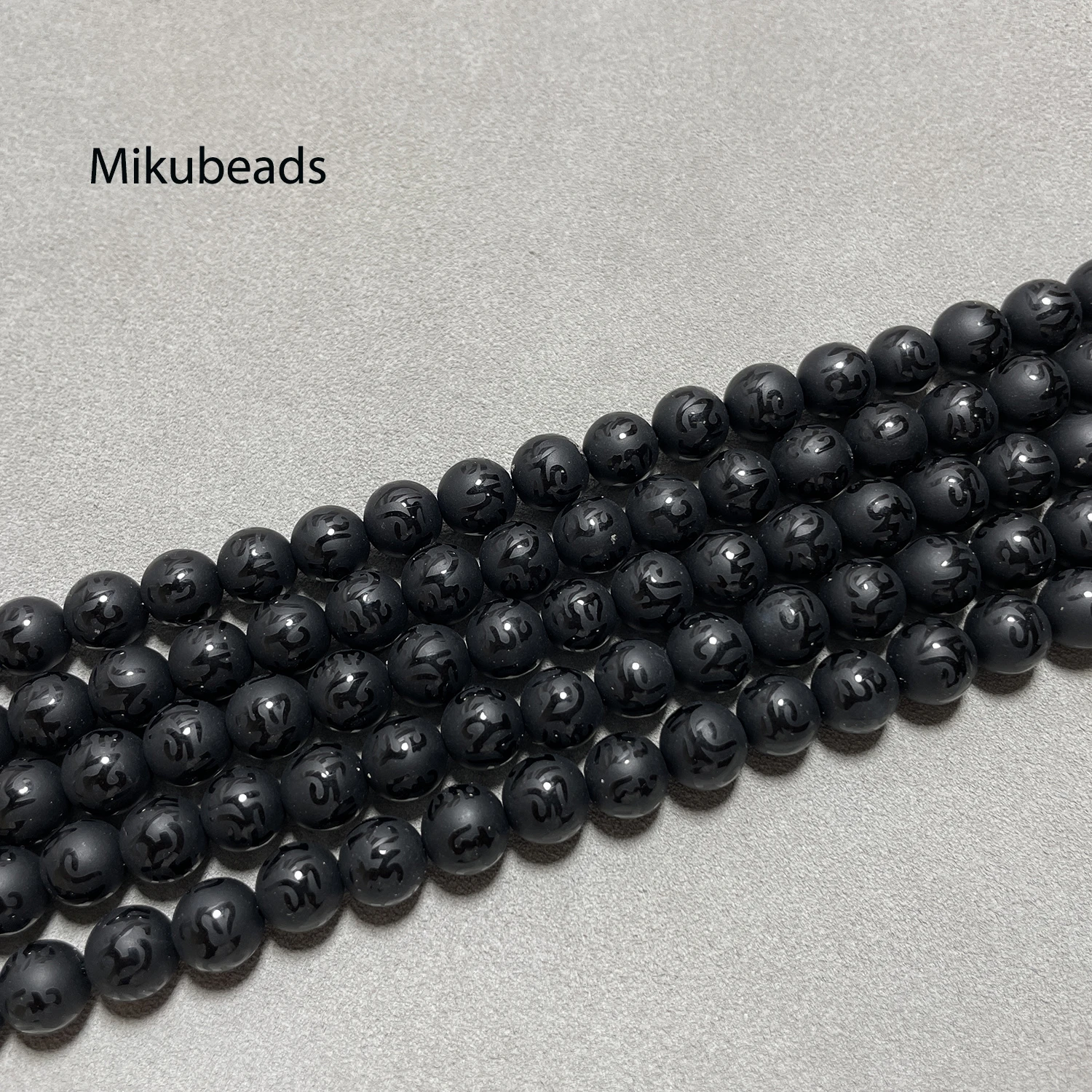 Wholesale Natural Black Agate Seven Mantra Matte Round Loose Bead 15 ...