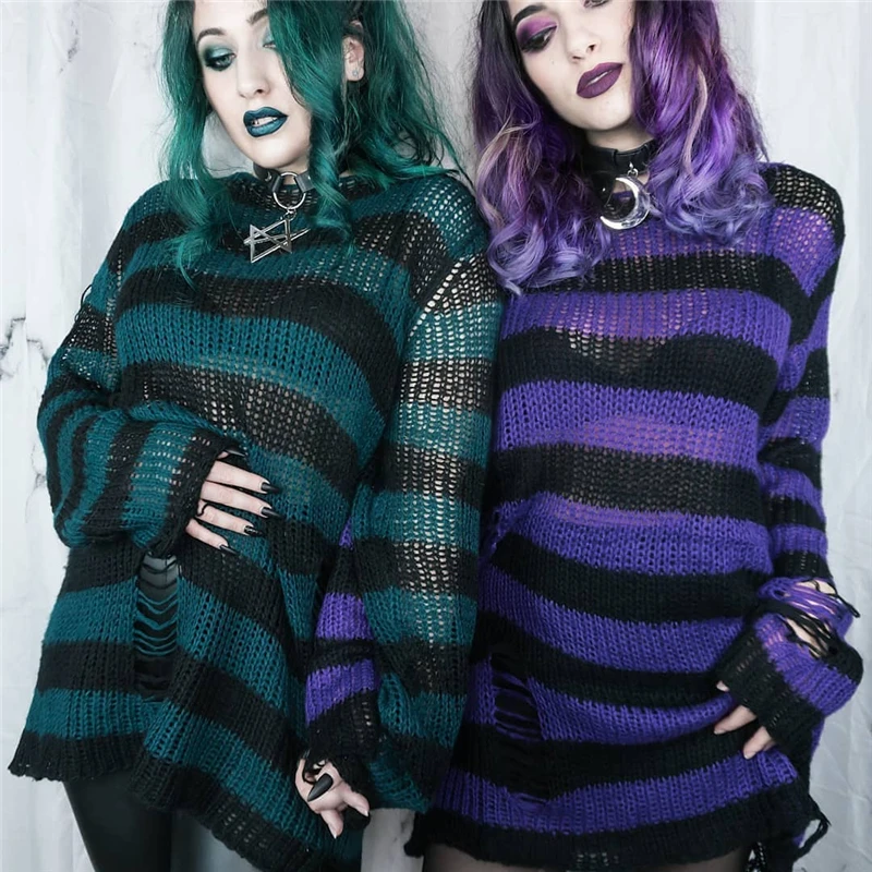 Zhyoun Womens Punk Gothc Sweater Loose Overszed Strped Rpped Pullover ...