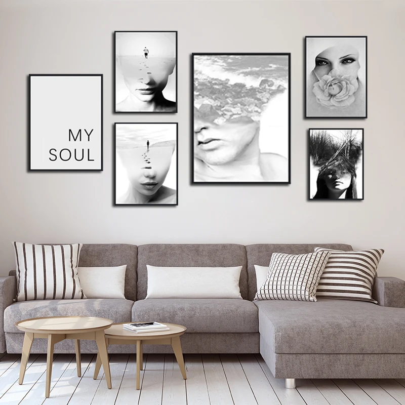Black And White Abstract Fantasy Woman Flowers Figure Wall Pictures ...