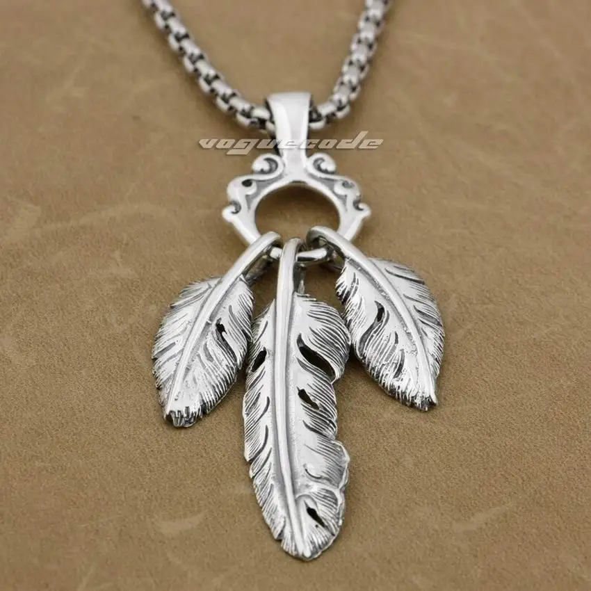 Three-Feathers-925-Sterling-Silver-Mens-Biker-Rock-Punk-Pendant-9E014 ...