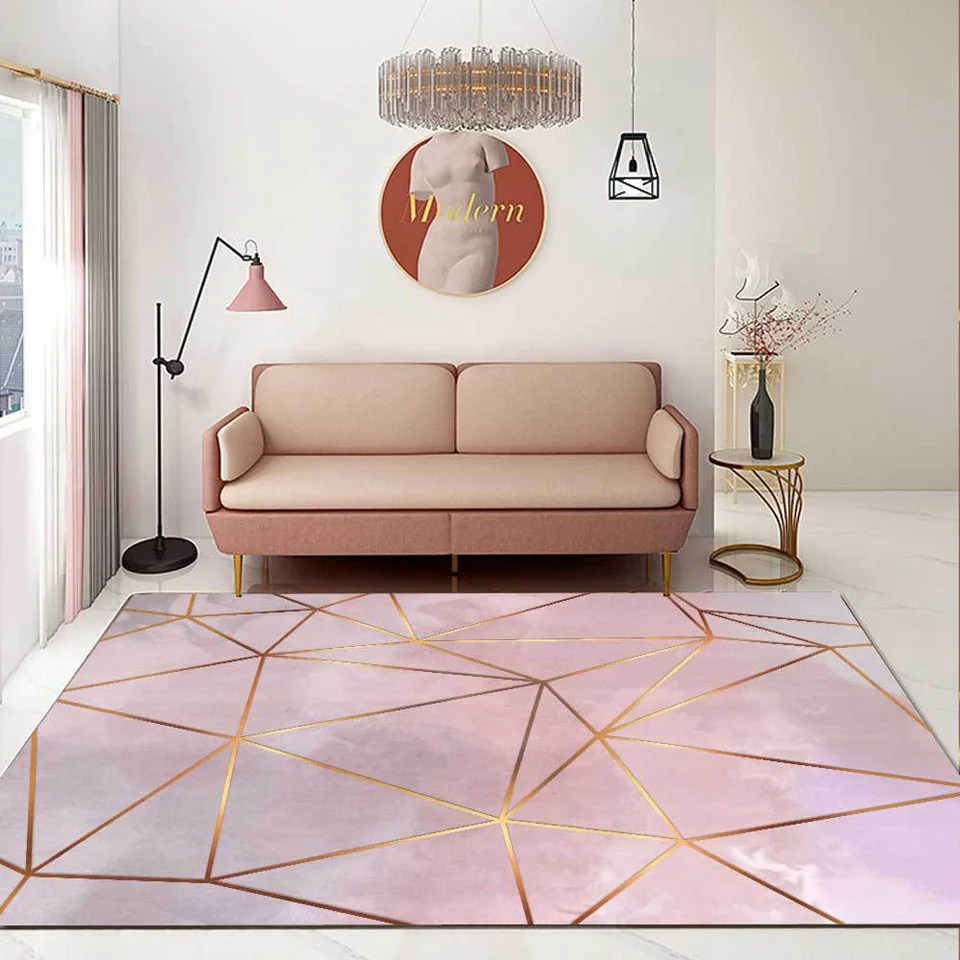 Modern Nordic Large Living Room Carpet 3d Printing Gray Pink Gold Line ...