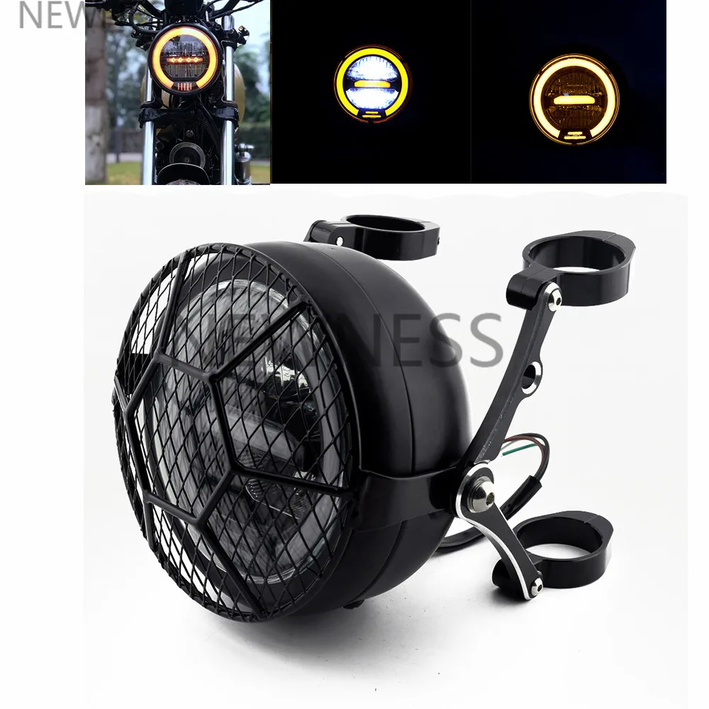 Retro Led Motorcycle Headlight Universal Moto Bracket Headlamp Scooter ...