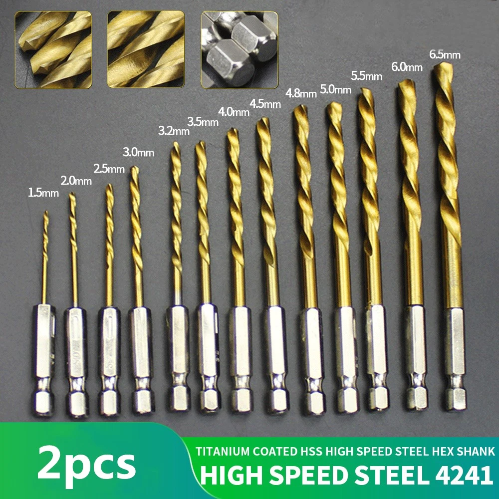 티타늄 코팅 HSS 고속 스틸 육각 섕크 드릴 비트 세트, 빠른 교체, 13 사이즈, 1.5mm-6.5mm, 2 개