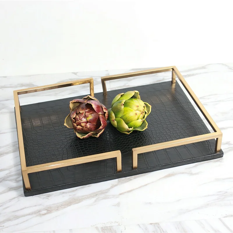 European-Black-Leather-Metal-Rectangular-Tray-with-Handle-Home ...