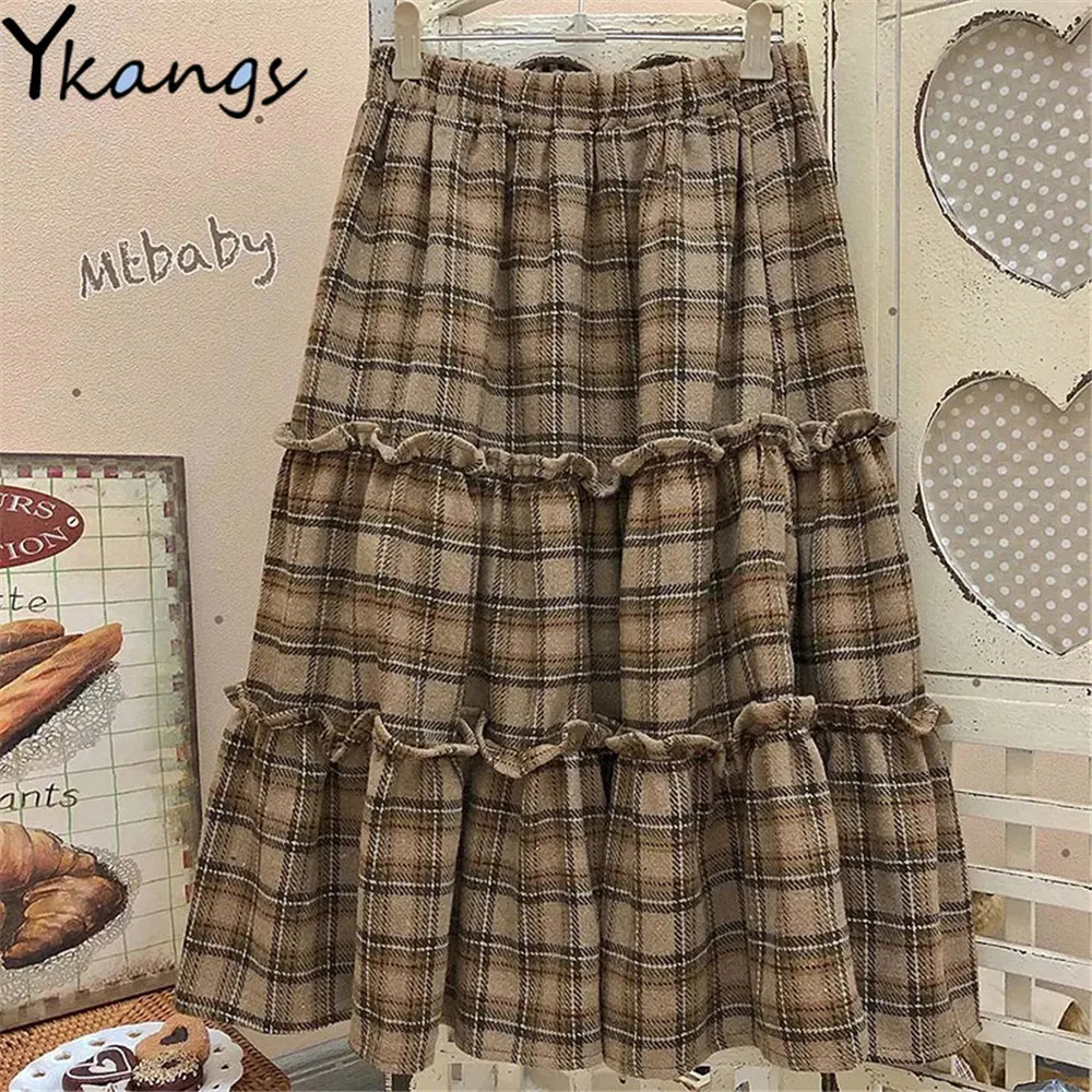 Japanese Vintage Woolen Ruffle Kawaii Plaid Pleated Skirt Women Brown ...
