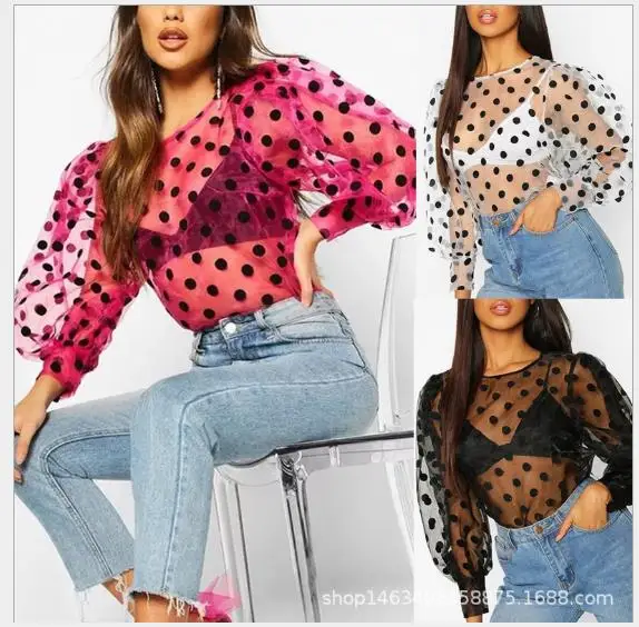 2020 women's autumn Wavy dot pattern and translucent design round neck ...