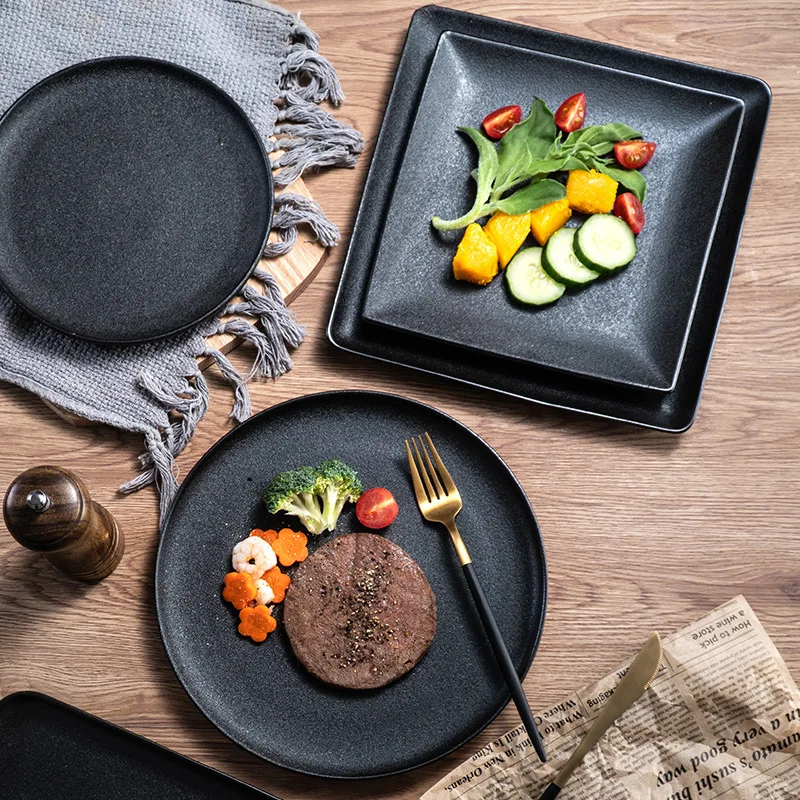 Simple-Ins-Wind-Tableware-Black-Frosted-Ceramic-Plate-Round-Square ...