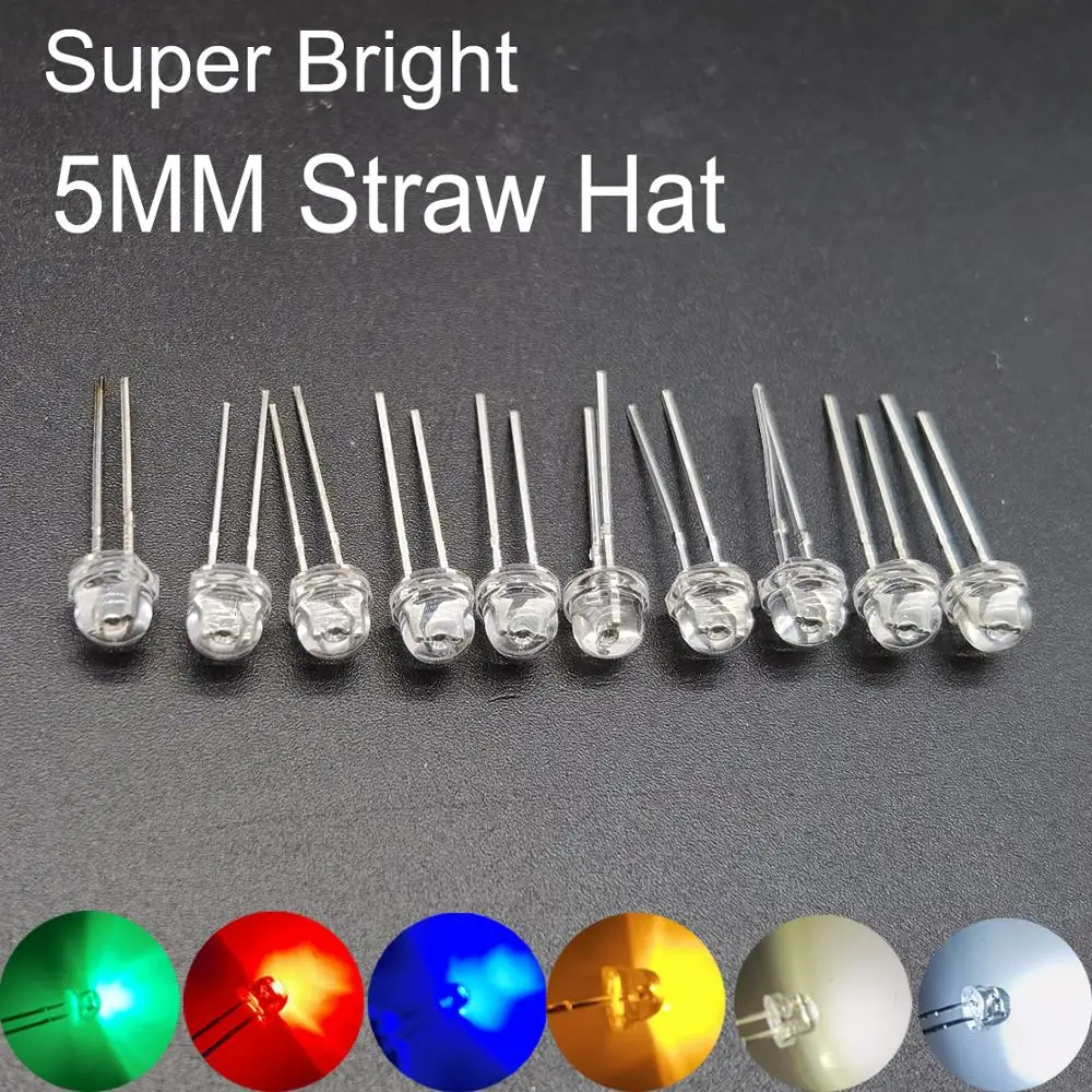 50PCS 5mm Straw Hat LED Diode Super Bright White 0.3W 0.5W 0.75W F5 ...