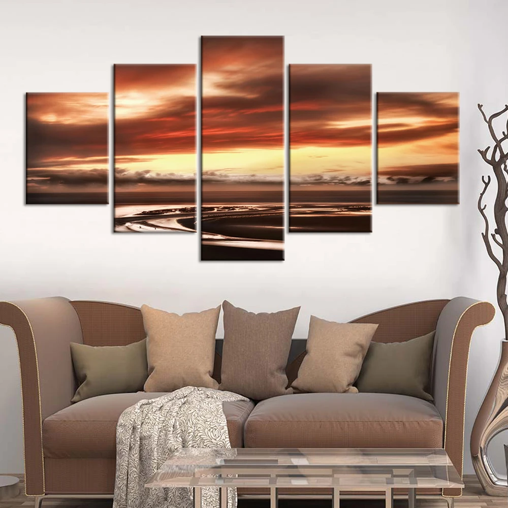 Canvas Pictures Wall Art Poster Framework 5 Piece Sunset Waves ...