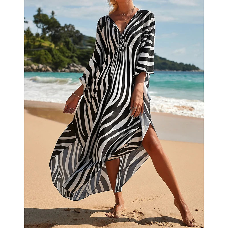 2022 Leopard Print Knitted Beach Cover up dress Tunic Long Pareos ...