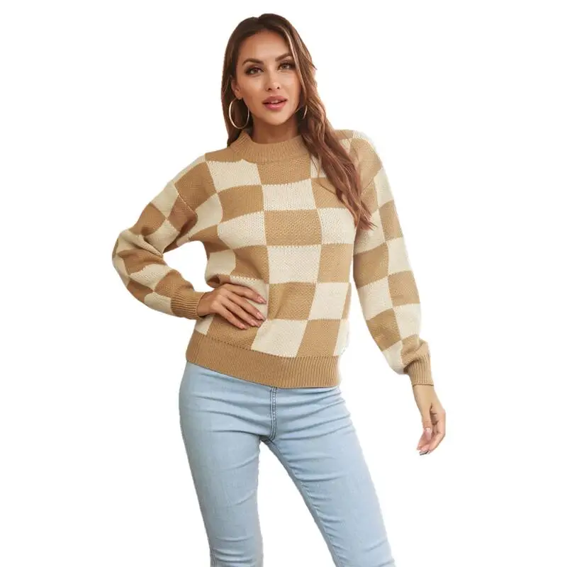 Women Warm Knitted Plaid Sweater Autumn Winter Basic Loose Elegant O ...