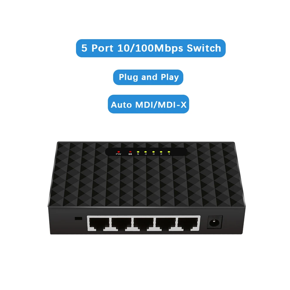 5 Port 10/100mbps Network Switch Mini Size One Click Vlan Fast Ethernet ...