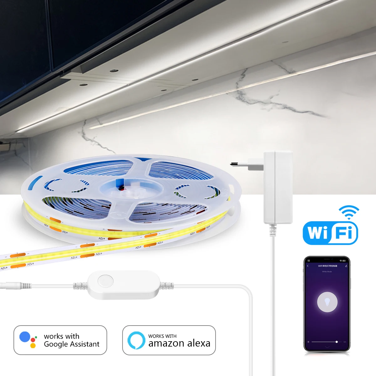 높은 밝기 Tuya 스마트 라이프 Cob Led 스트립 조명 Wifi 12v 주방 벽 백라이트 Led 라이트 테이프 알렉사와