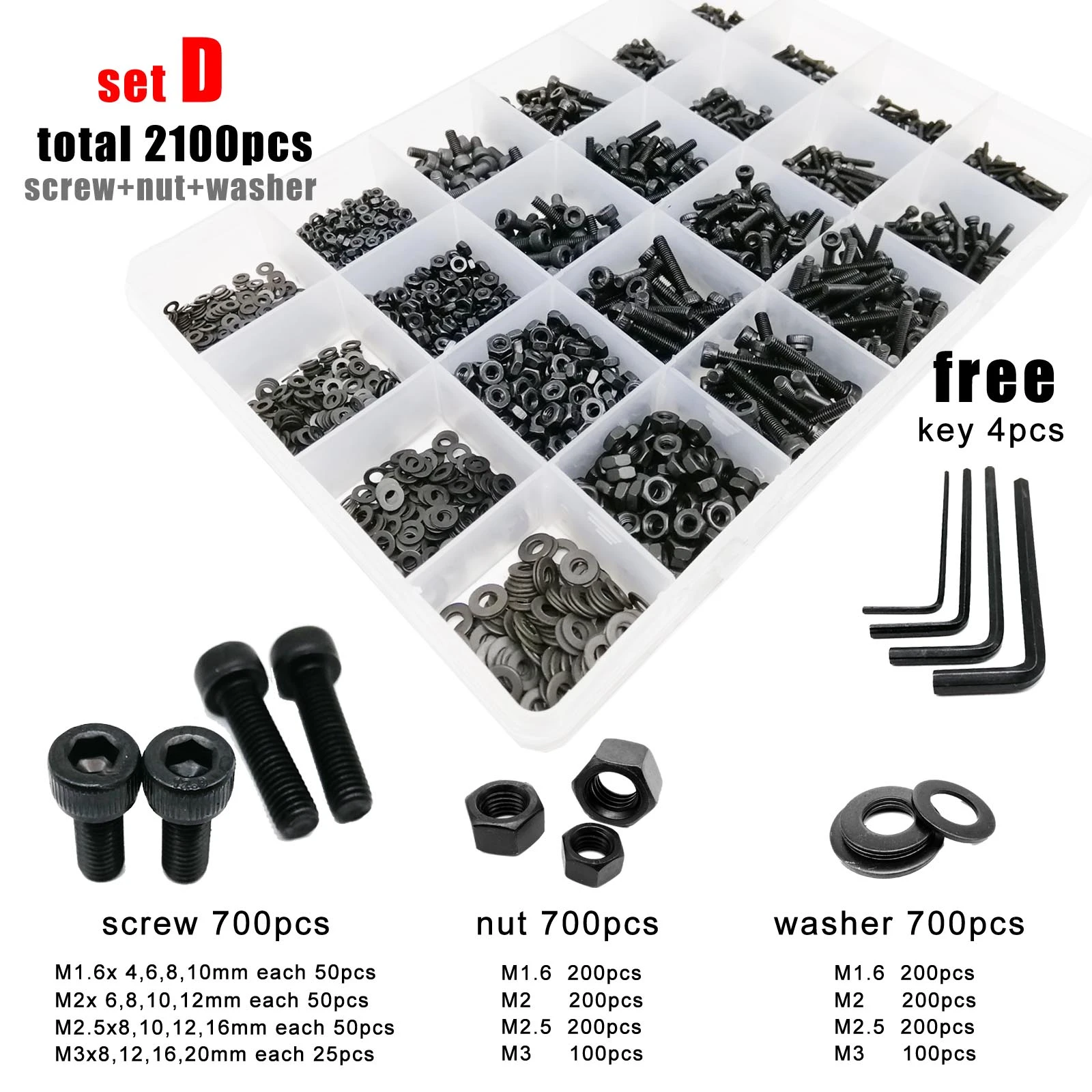 400/2100pcs M1.6 M2 M2.5 M3 M4 Black Grade 12.9 Steel Allen Hexagon Hex Socket Cap Head Screw ...