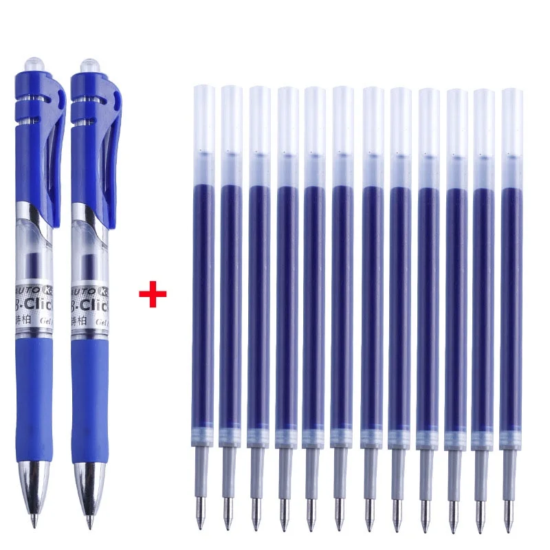 Set-of-2Pen-10-Refills-Press-Type-Gel-Pen-Black-blue-red-Ink-Bullet ...