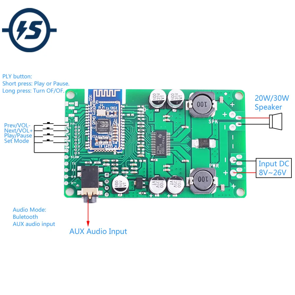 DC 12V 24V BK3266 Bluetooth 5.0 Mono Amplifier Board 20W/30W Bluetooth ...