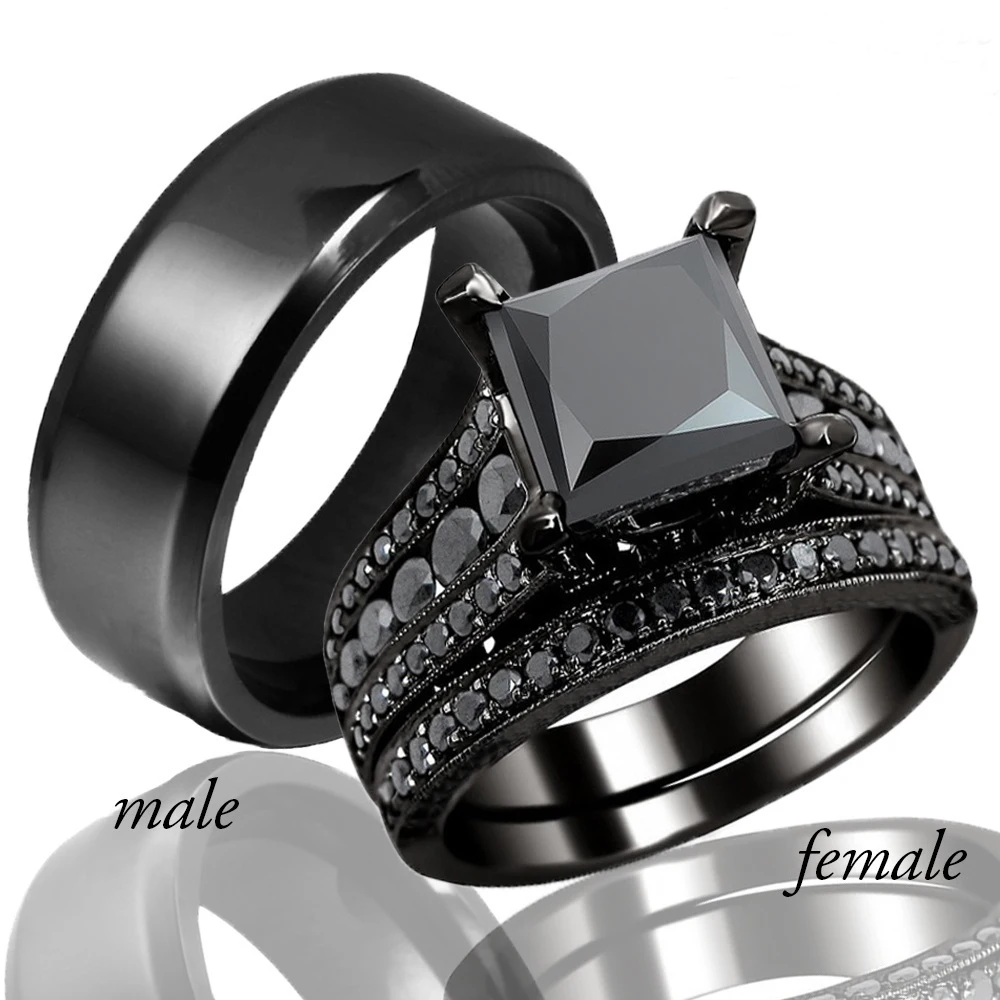 Couple Wedding Rings Set Men Women | Black Wedding Rings Set Men Women ...