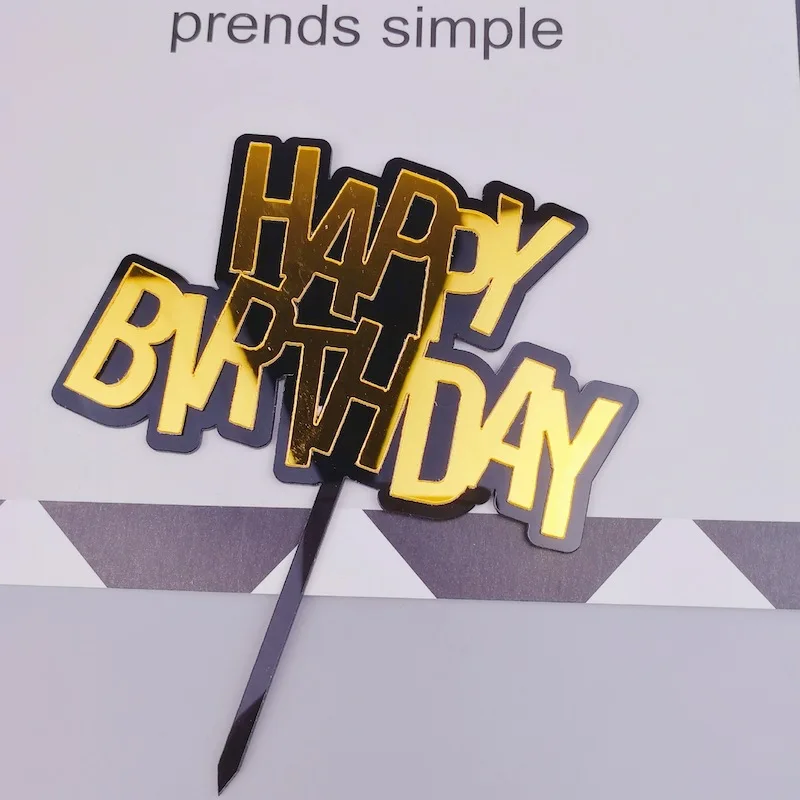 골드 아크릴 해피 버스데이 케이크 토퍼 블랙 더블 레이어 컵케익 토퍼 아이 생일 파티 케익 장식 베이비 샤워케이크 데코용품