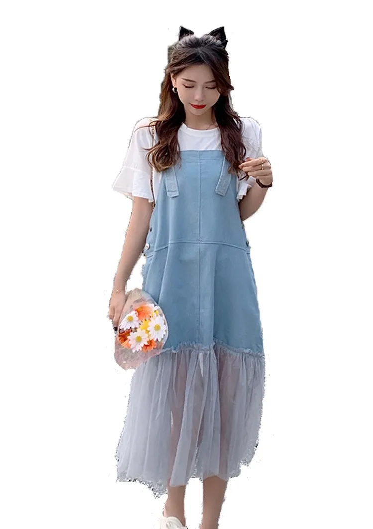 2021 새로운 여름 패션 숙 녀 거 즈 패치 워크 슬링 데님 드레스와 짧은 소매 상위 2 조각 세트 큰 크기 여성 캐주얼 정장