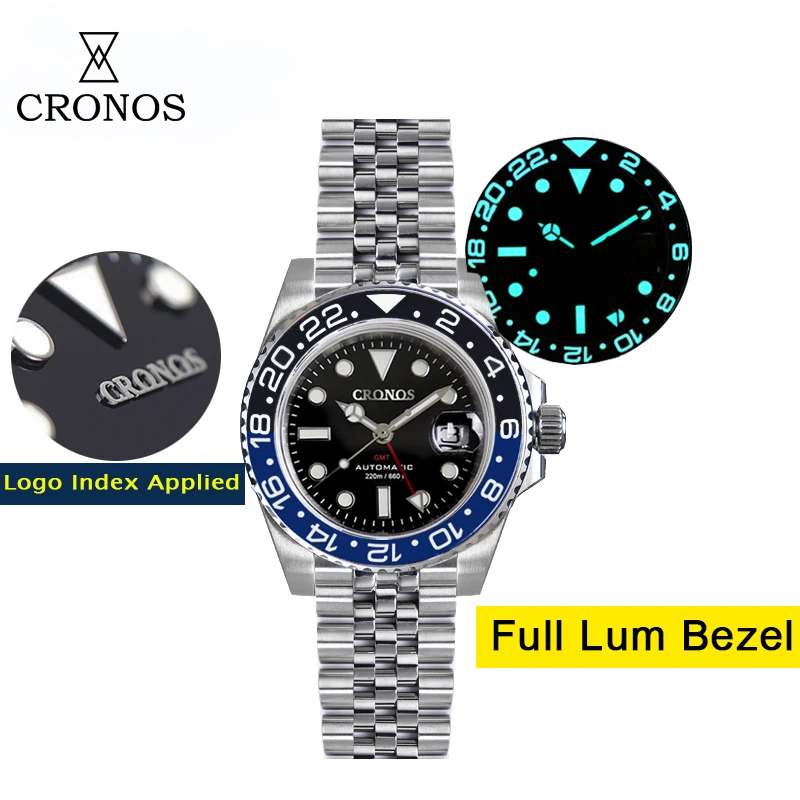 Cronos Gmt Automatic Men Watch Bidirectional Bezel Sapphire 20 Atm ...