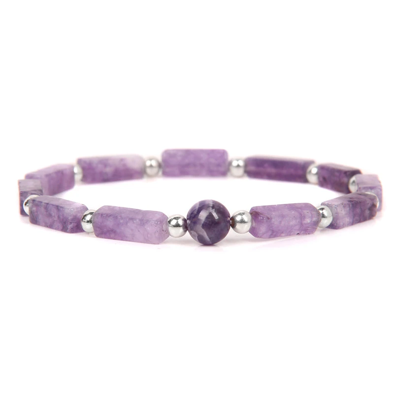 Silver Color Beads Charm Bracelets Natural Amethyst Rectangle Stone ...