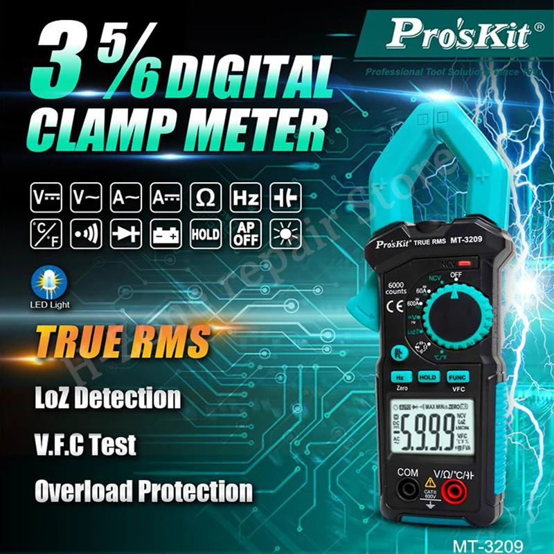 Proskit Mt-3209 3-5/6 Ac/dc Digital Clamp Meter, Led Lighting, Lcd Digital Display, Sound And ...