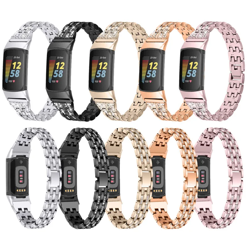 For-Fitbit-charge-6-5-strap-Stainless-Steel-band-Five-beads-Metal ...