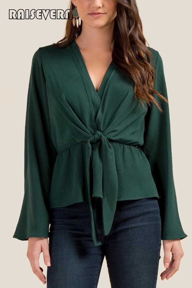 Blusa Top con cinturón con volantes de manga larga blusas elegantes ...
