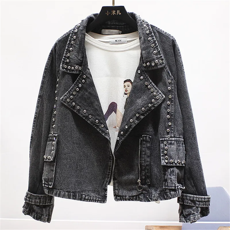 Vintage Black Denim Jacket Rivets Boyfriend Casual Jeans Outerwear ...