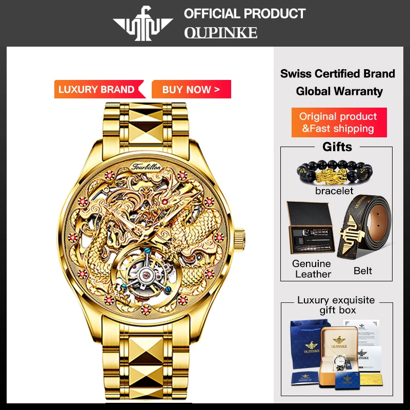 OUPINKE Men's Automatic Mechanical Tourbillon Watches Waterproof Gold ...