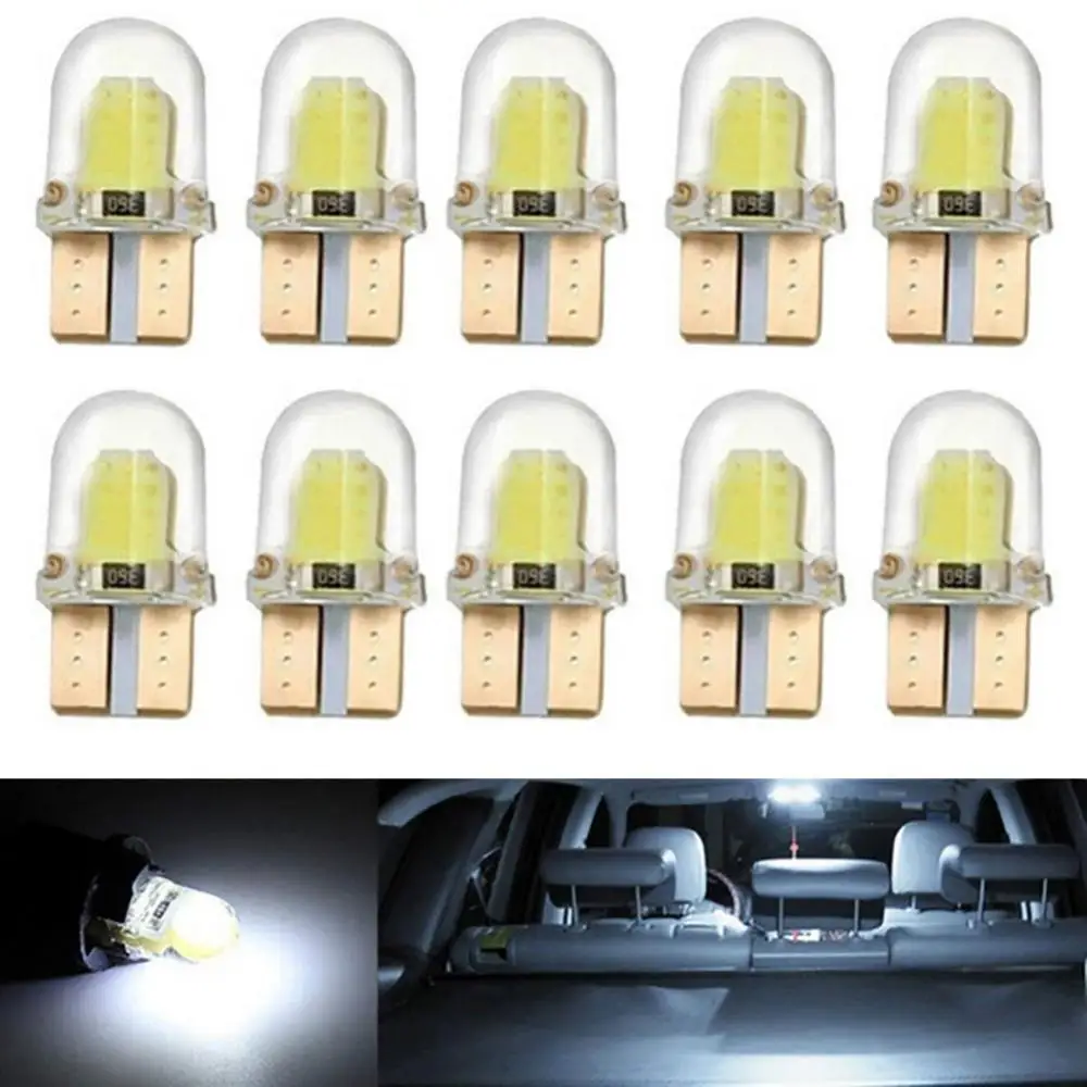 Car Lights 10Pcs White LED T10 W5W COB Canbus Silicone Car License ...